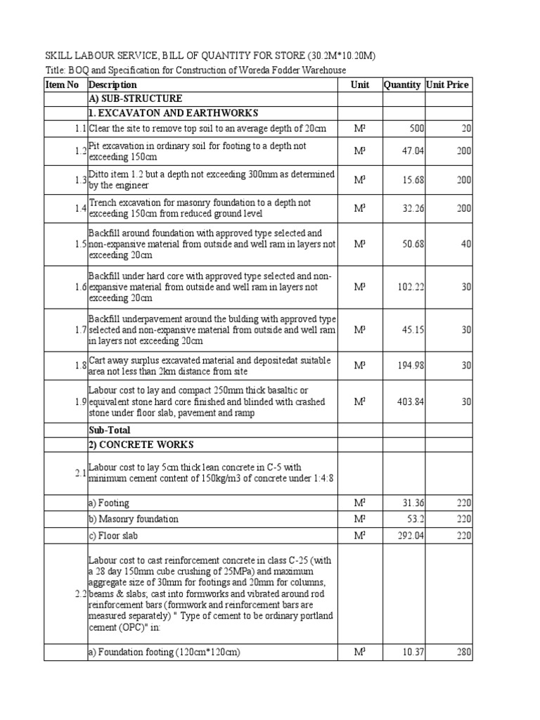 Item No Description Unit Quantity Unit Price A) Sub-Structure 1 ...