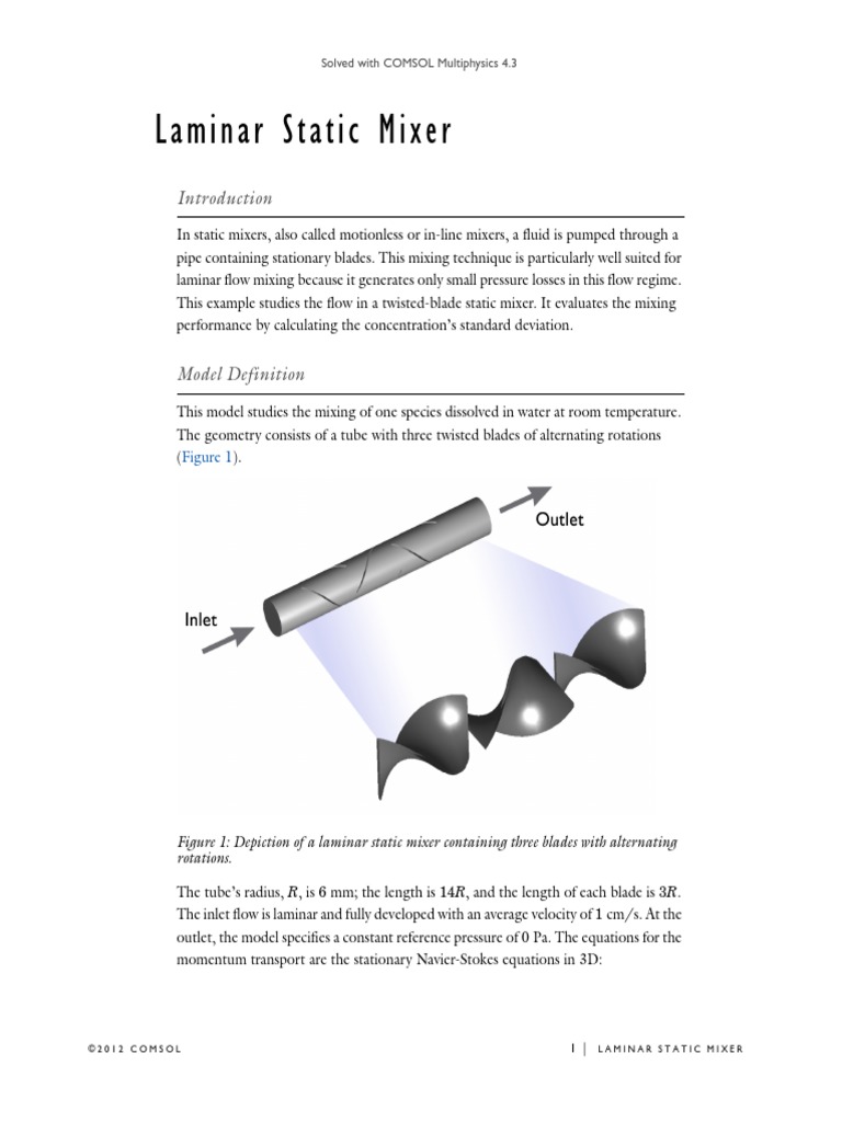 Laminar Static Mixer: Solved With COMSOL Multiphysics 4.3 | PDF | Navier–Stokes Equations ...