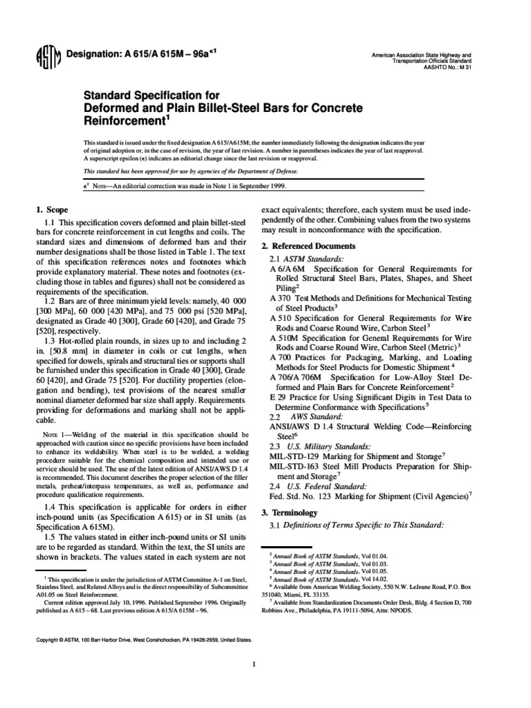 ASTM 615 A615M 96a PDF | PDF | Strength Of Materials | Yield (Engineering)
