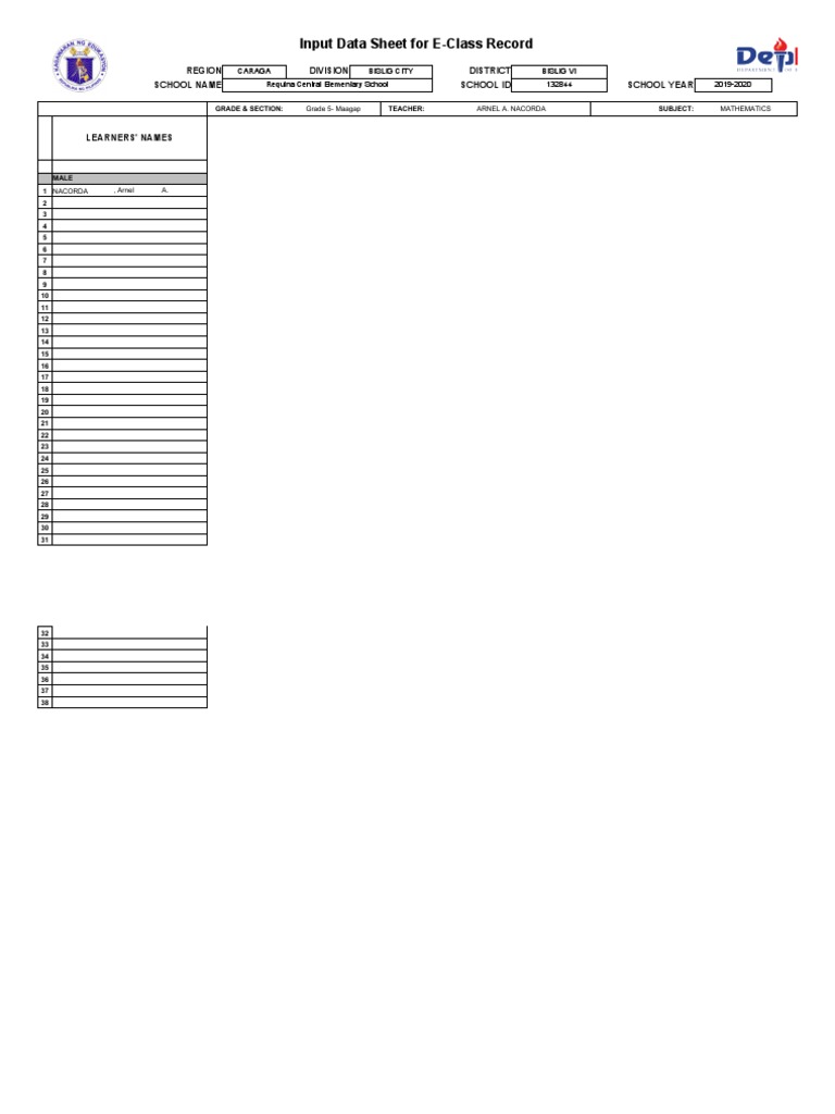 Input Data Sheet For E-Class Record: Region Division District School Name School Id School Year ...