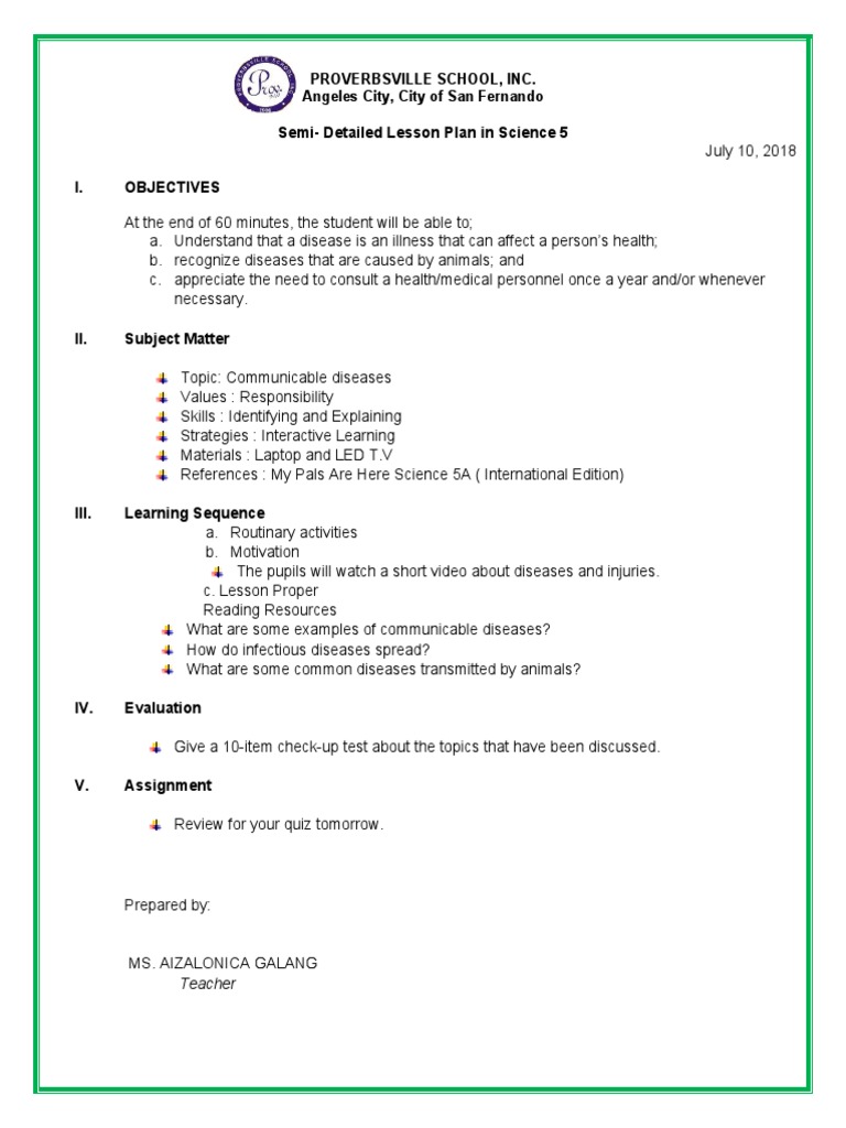Science 5 Lesson Plans: Health & Cells | PDF | Lesson Plan | Infection