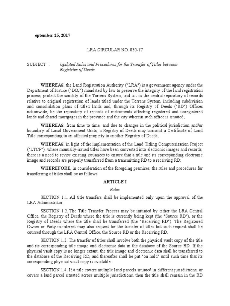 Updated Rules and Procedures For The Transfer of Titles Between Registries of Deeds, LRA | PDF ...