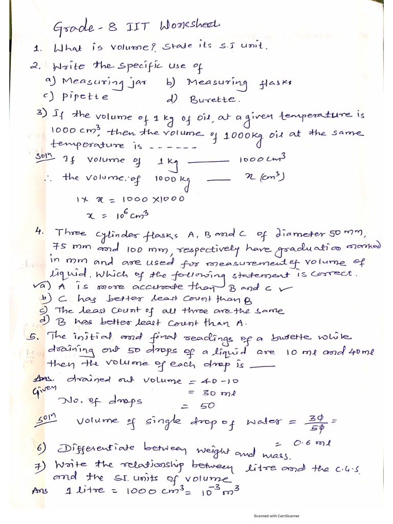 Grade 8 Worksheet On Weight, Mass and Volume | PDF
