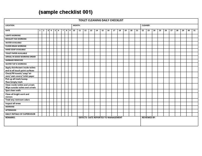 (Sample Checklist 001) : Toilet Cleaning Daily Checklist | PDF