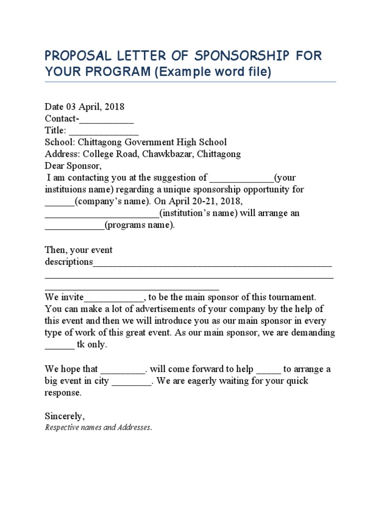 A Sample of Sponsorship Latter | PDF