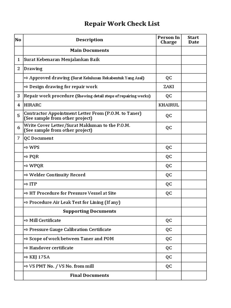 Repair Work Check List | PDF