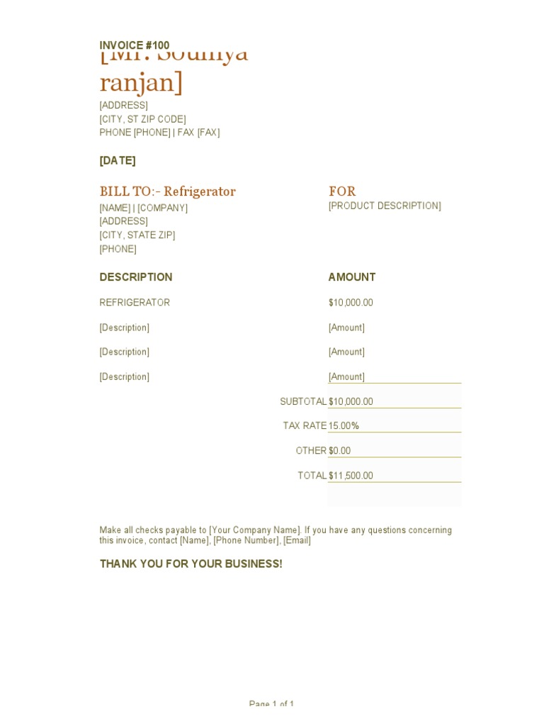 (Mr. Soumya Ranjan) : BILL TO:-Refrigerator FOR | PDF