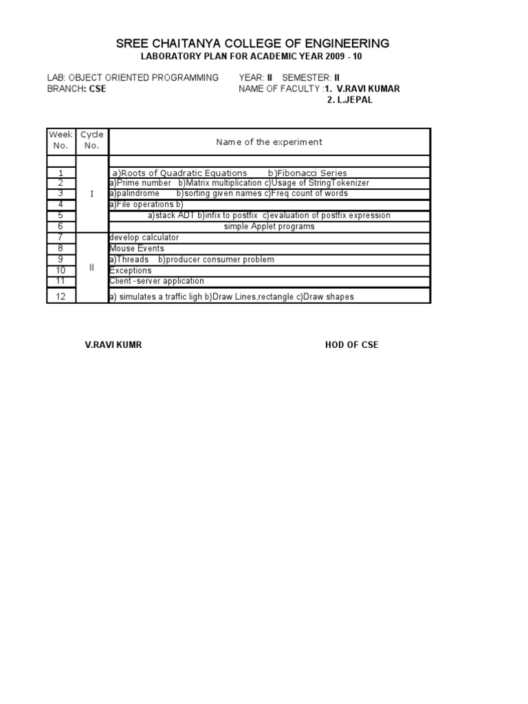 OOP Laboratory Plan 2009-10 | PDF
