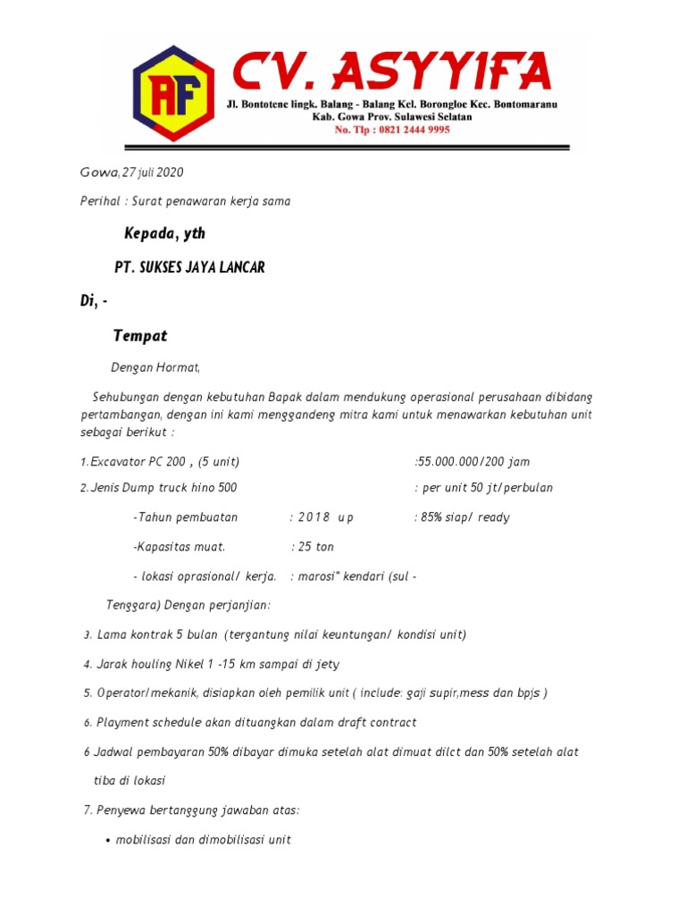 Surat Penawaran Cv. Asyyifa | PDF