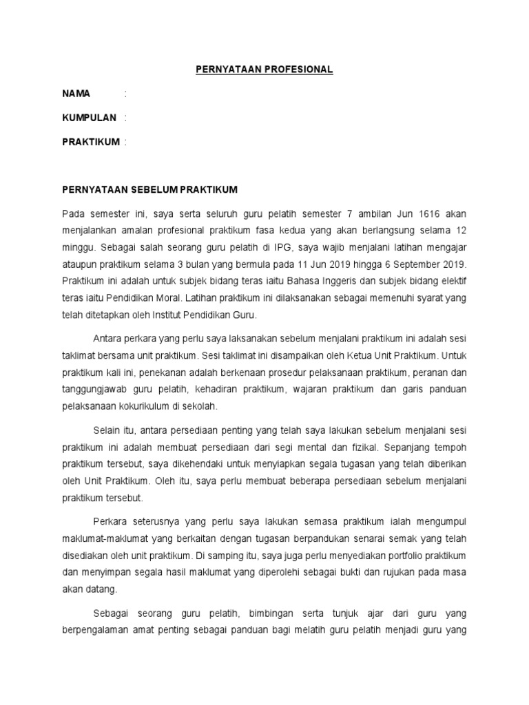 Pernyataan Profesional Praktikum IPG | PDF