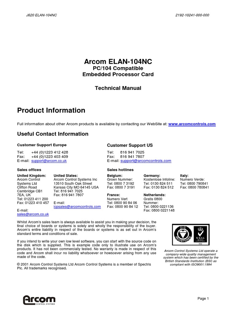 Arcom ELAN-104NC: PC/104 Compatible Embedded Processor Card Technical ...