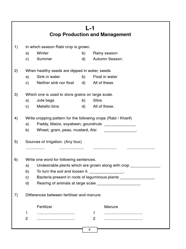 Class 8 Science Worksheet - Crop Production and Management | Download ...