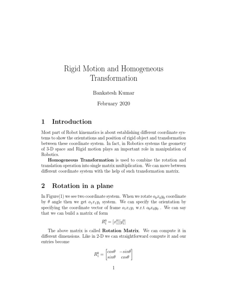 Rigid Motion and Homogeneous Transformation PDF | PDF | Matrix ...