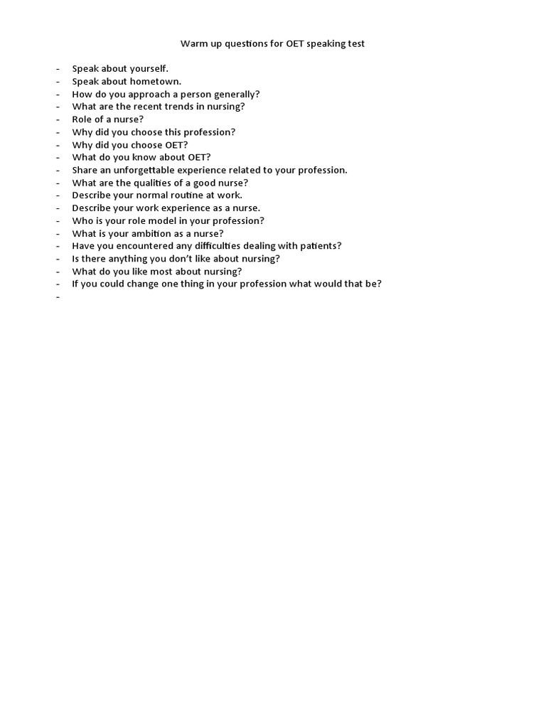 Warm Up Questions For OET Speaking Test | PDF