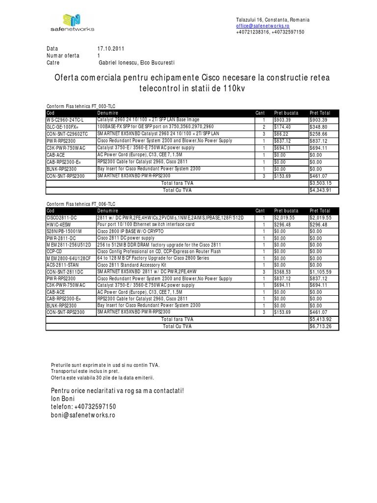 Oferta Cisco Echipamente Telecontrol Statie 110 | PDF | Communications Protocols | Networking ...