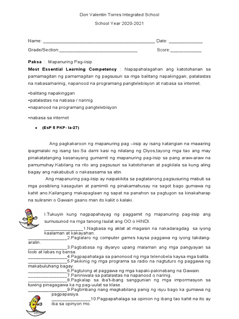 Esp Activity Sheet 5 | PDF