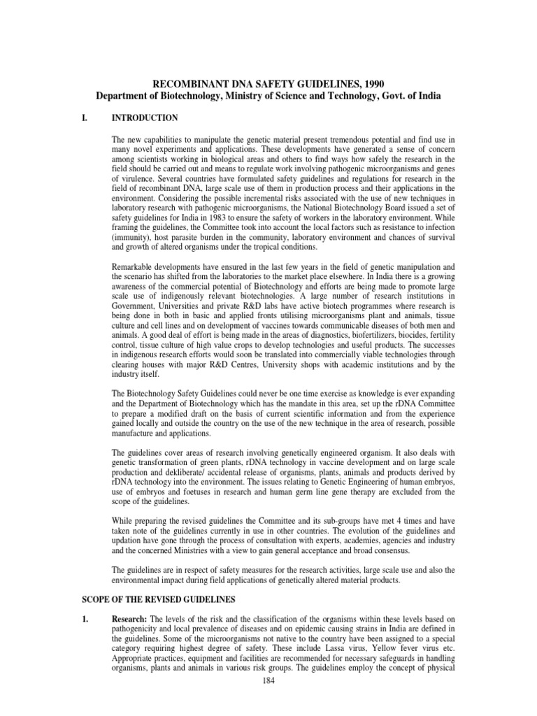 Recombinant DNA Safety Guidelines PDF | PDF | Recombinant Dna | Genetic ...