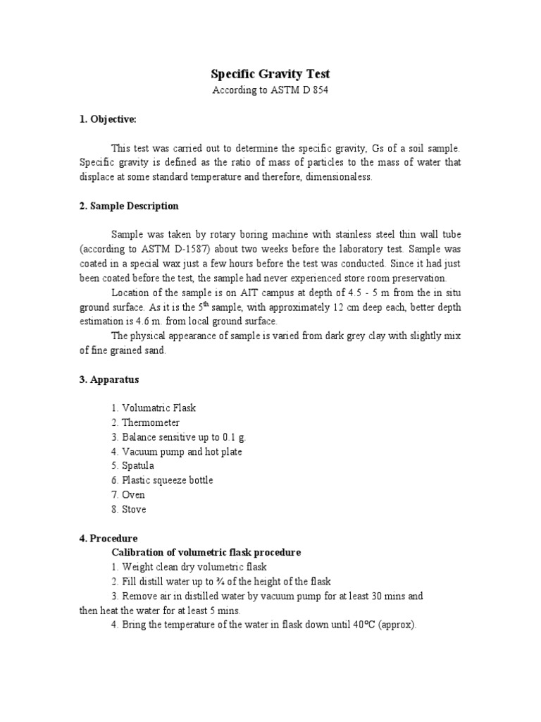 Specific Gravity Test: 1. Objective | PDF | Distillation | Soil