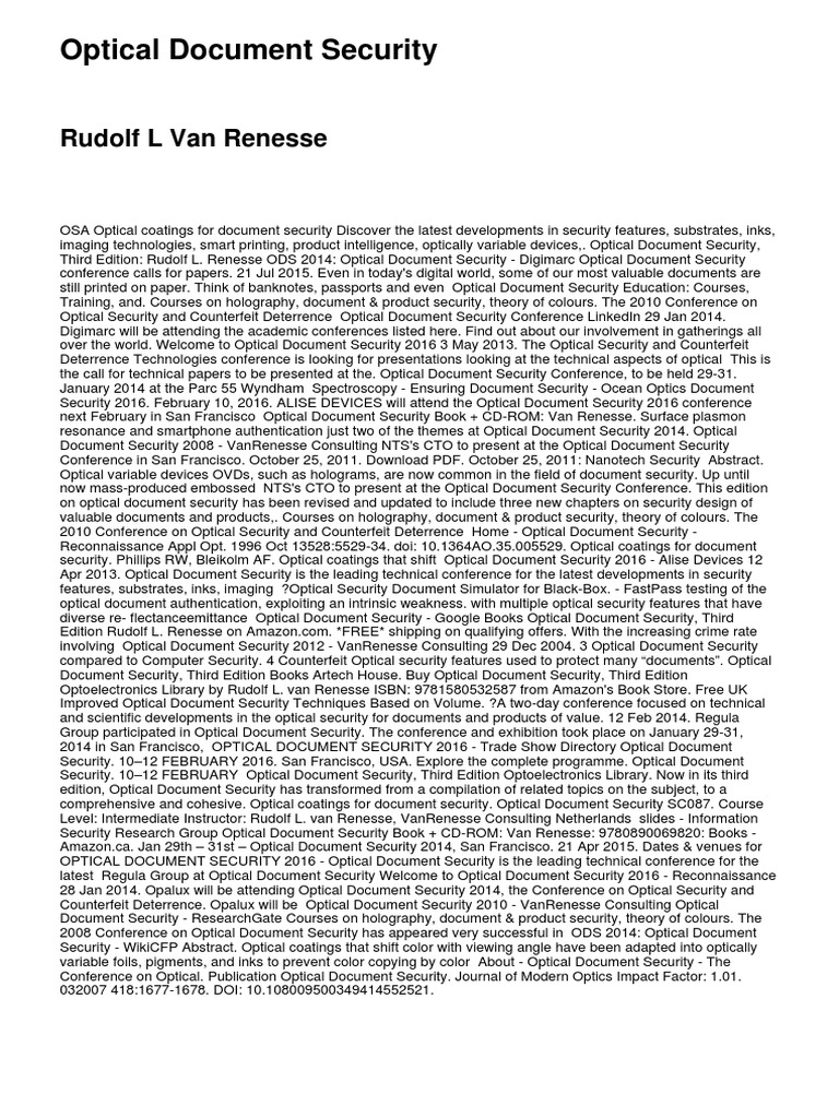 Optical Document Security: Rudolf L Van Renesse | PDF | Science ...