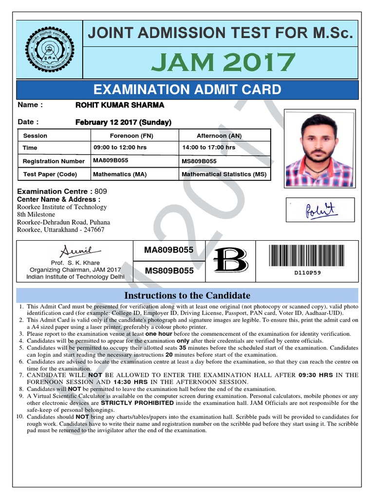 Examination Admit Card: Instructions To The Candidate | Download Free ...