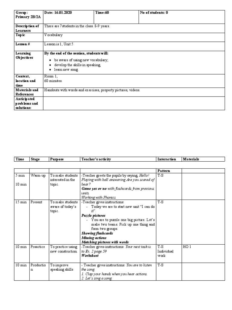 Primary 2B/2A Lesson Plan on Introducing New Vocabulary Through Games ...
