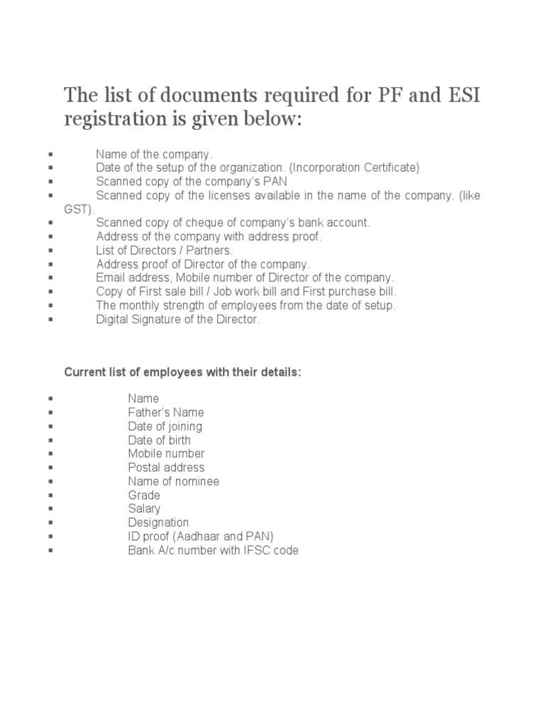 Documents Required For PF ESI (Company) | PDF