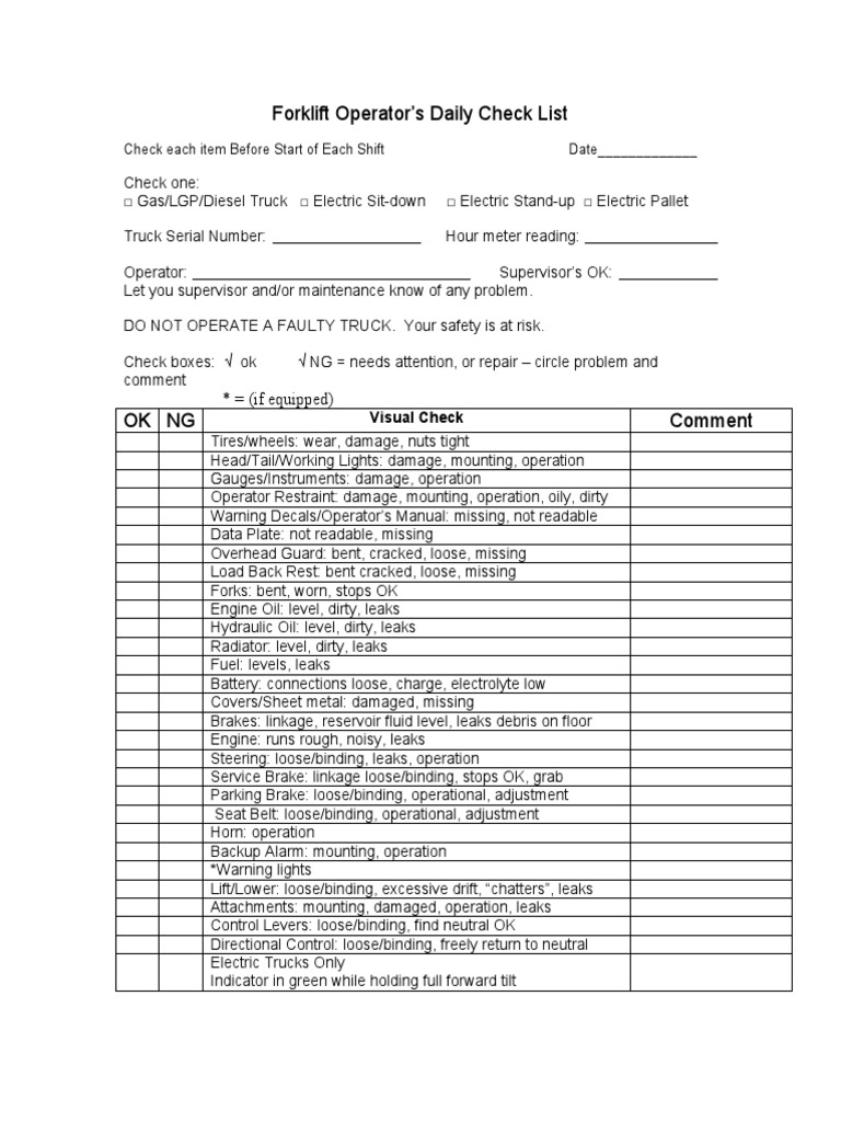Forklift Operator's Daily Check List: (If Equipped) | PDF