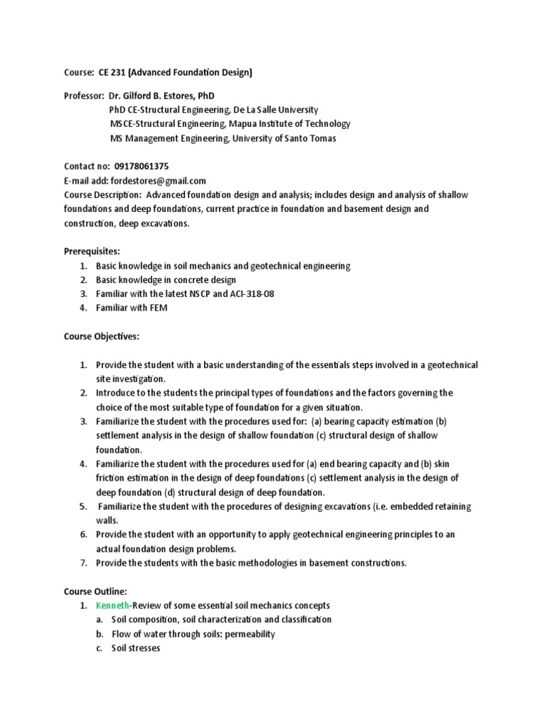CE231 Course Syllabus | PDF | Geotechnical Engineering | Foundation ...