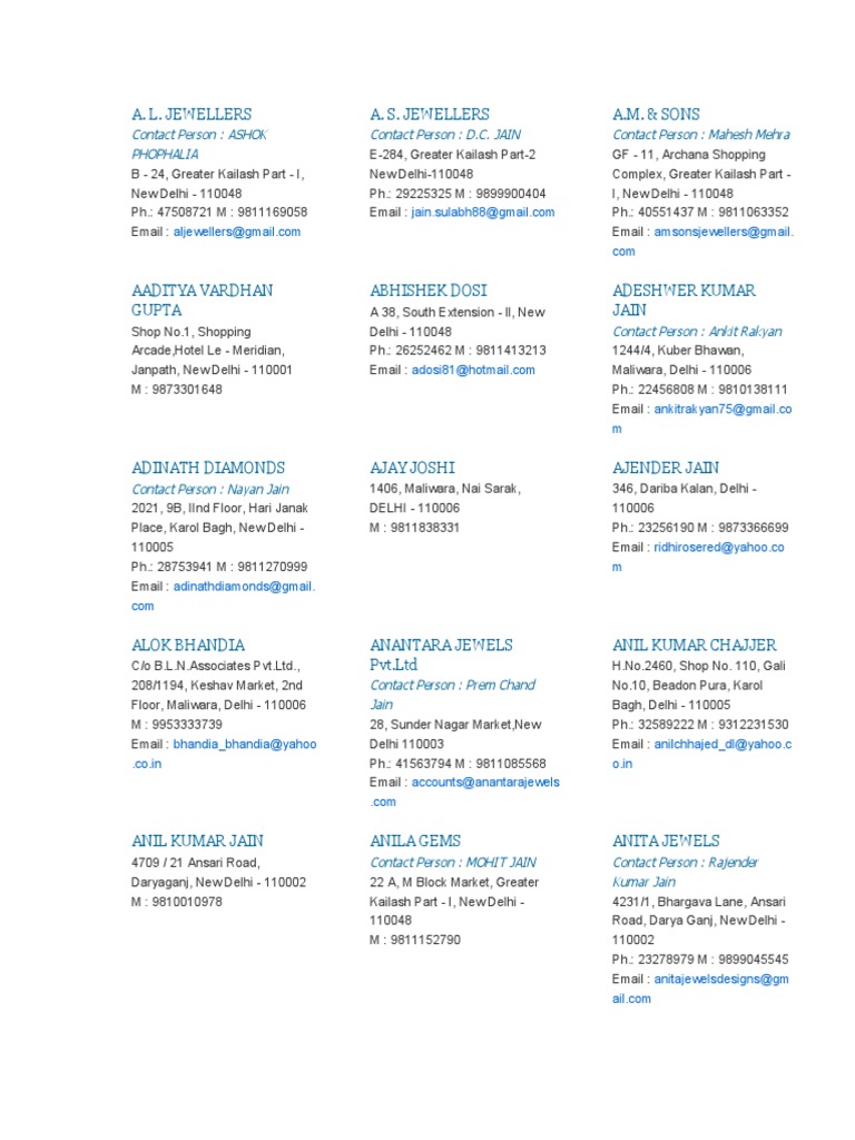 Delhi Jewellers Association Directory | PDF