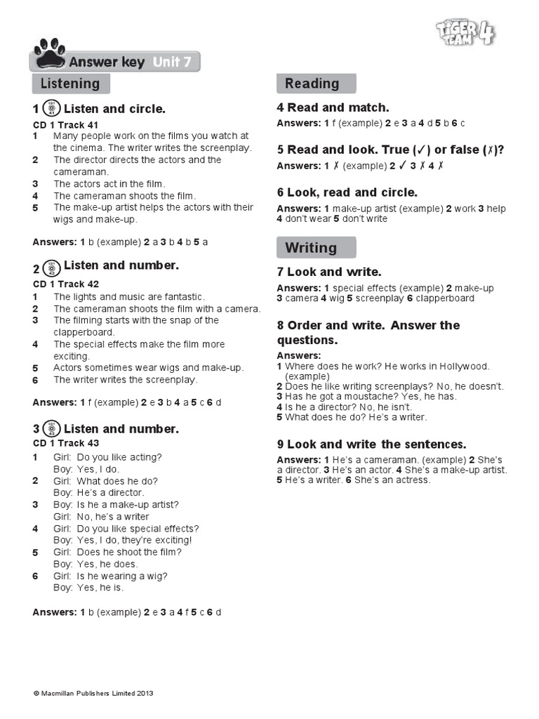 Listening Reading Answer Key: Unit 7 | PDF