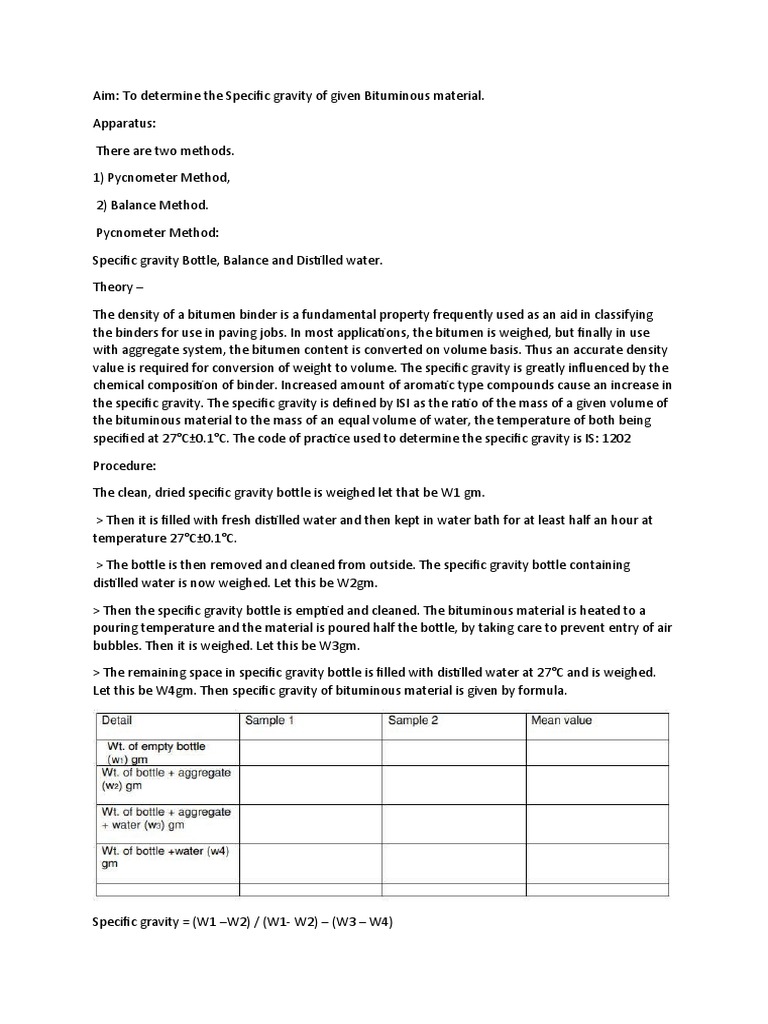 Specific Gravity of Bitumen | PDF