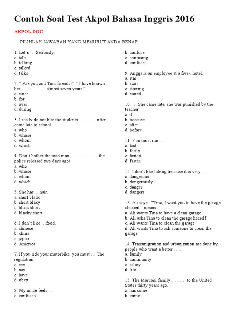 Contoh Soal Test Akpol Bahasa Inggris 2016 | PDF