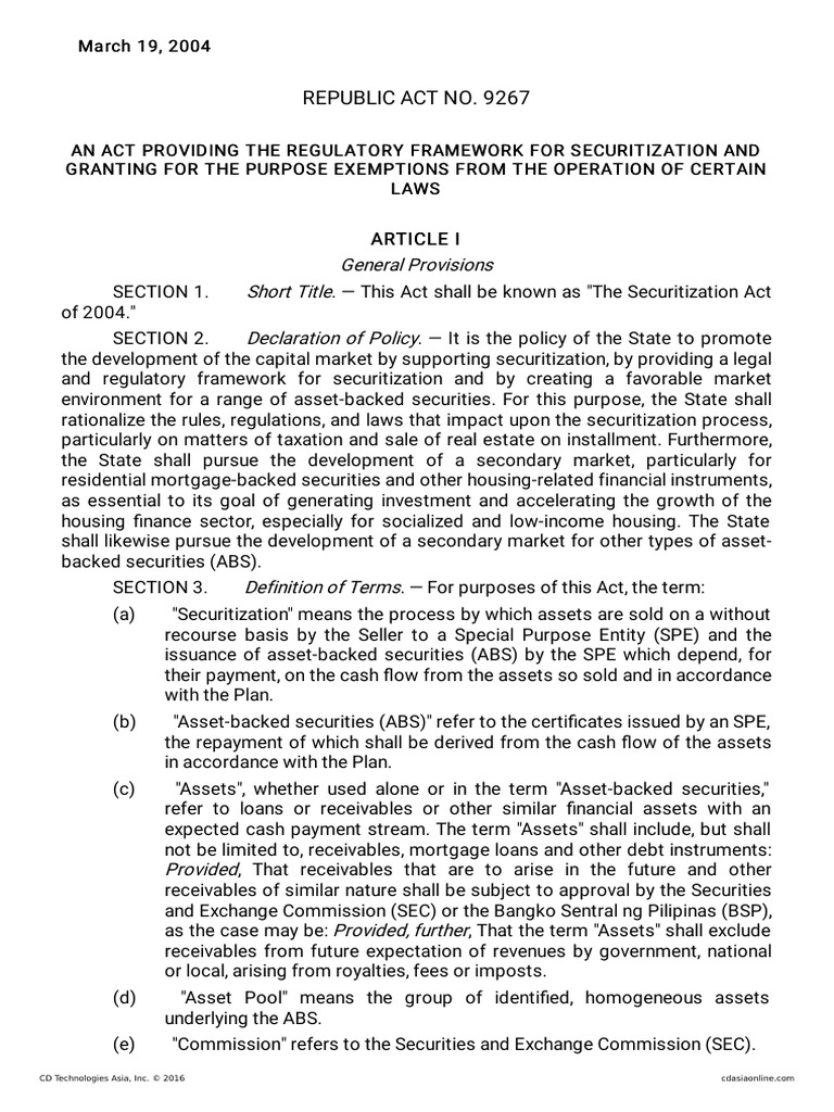 RA 9267 Securitization Act of 2004 | PDF | Asset Backed Security ...
