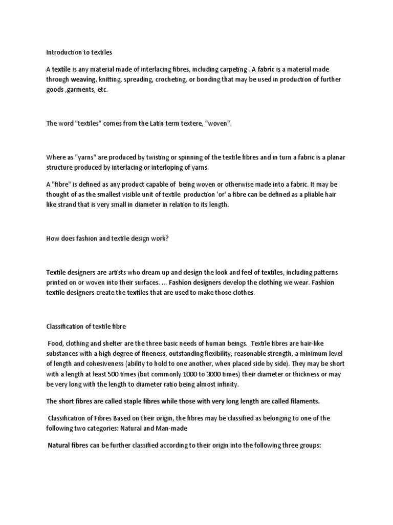 Introduction To Textiles | PDF | Textiles | Fibers