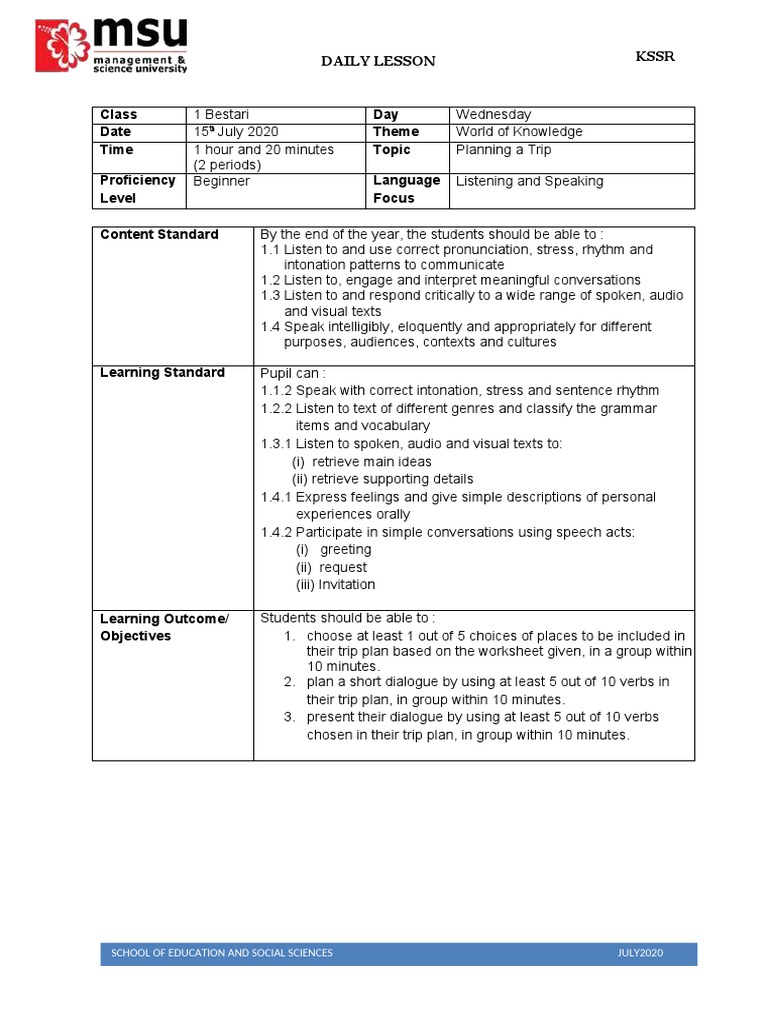 KSSR Daily Lesson Plan Class Day Date Theme Time Topic Proficiency ...