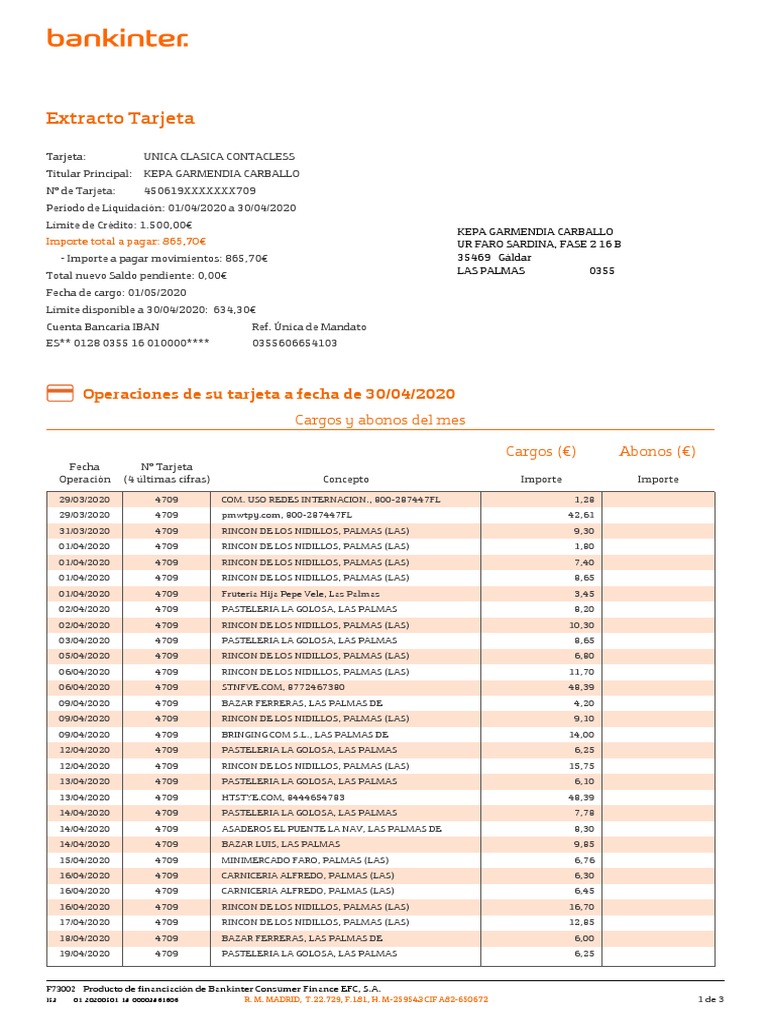 Extracto Mensual Tarjeta Bankinter | PDF
