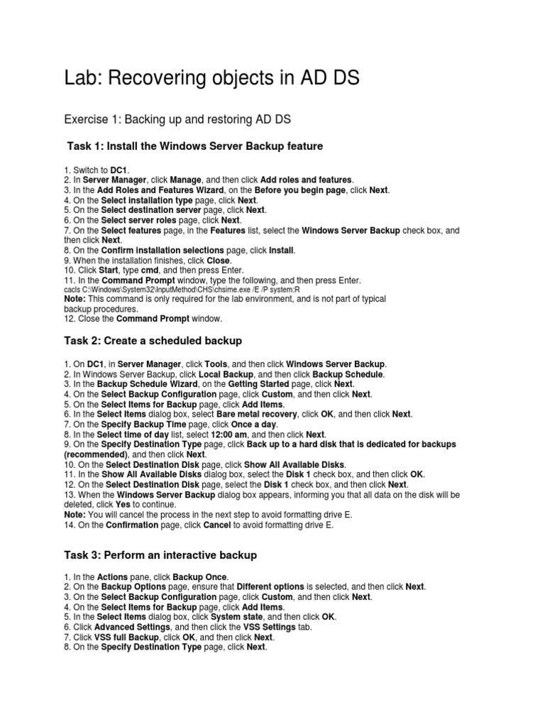 Lab - Recovering Objects in AD DS | PDF | Active Directory | Command ...