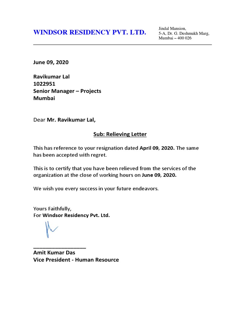 Relieving Letter - Ravikumar Lal | PDF