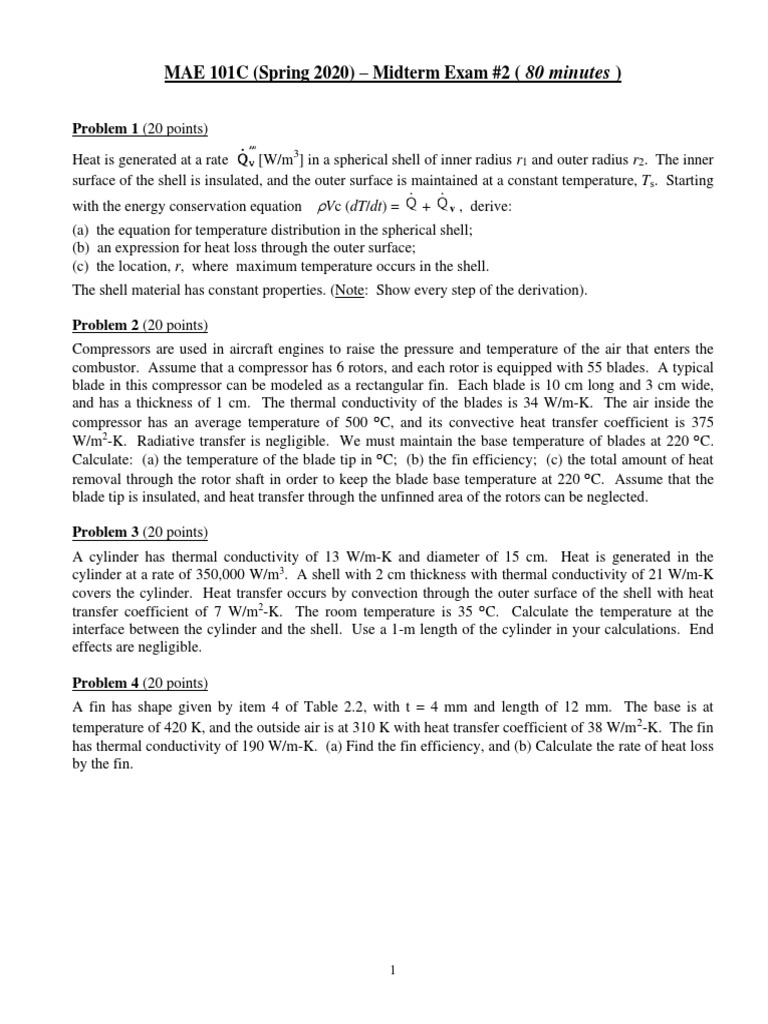 MAE 101C (Spring 2020) - Midterm Exam #2: Problem 1 (20 Points) | PDF | Heat Transfer | Thermal ...