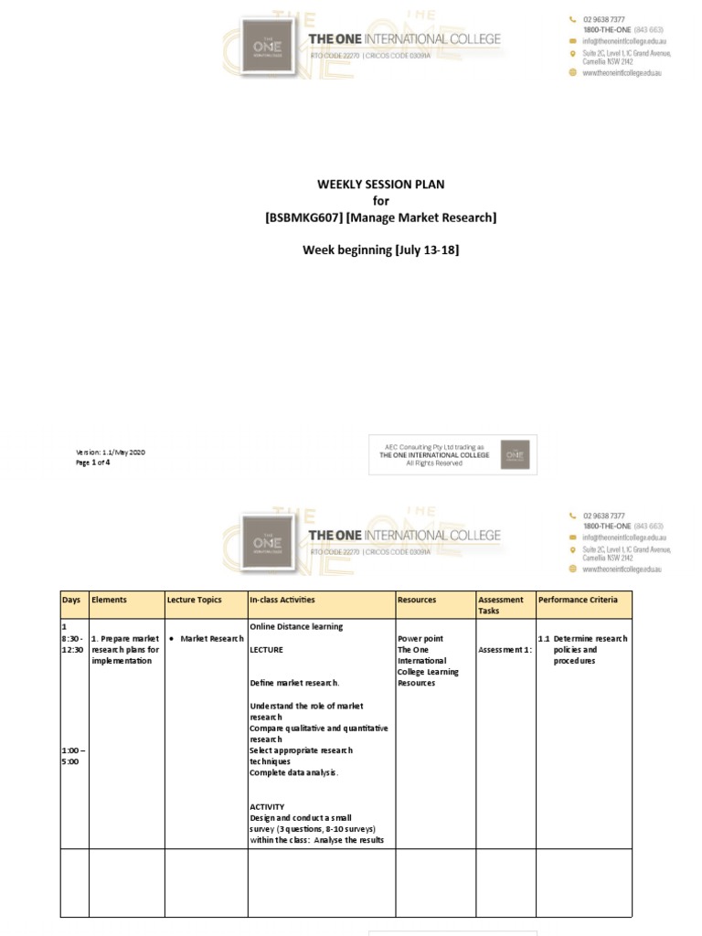 Weekly Session Plan For (BSBMKG607) (Manage Market Research) Week ...