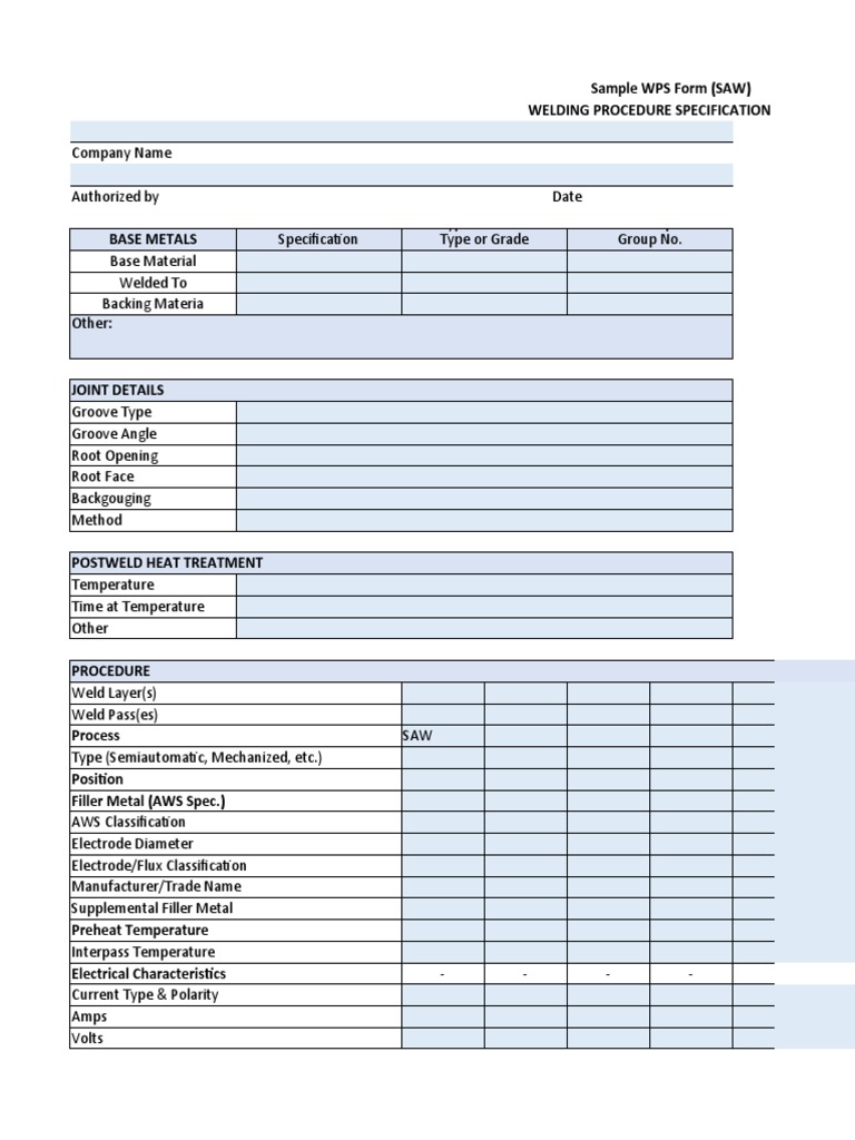 Sample WPS Form (SAW) Welding Procedure Specification (WPS) | PDF