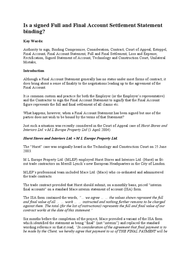 Is A Signed Full and Final Account Settlement Statement Binding | PDF ...