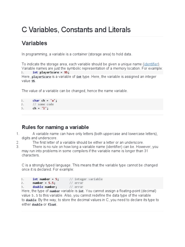 C Variables Literals | PDF | Variable (Computer Science) | Data Type
