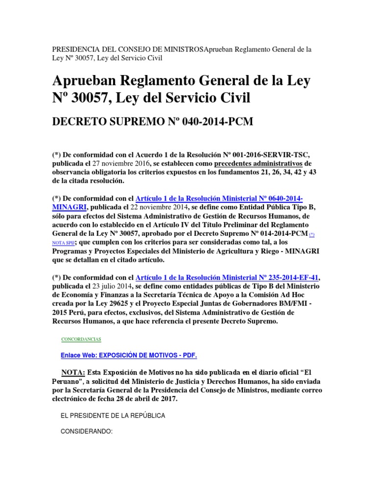 Reglamento General de La Ley 30057 PDF | PDF | Gestión de recursos ...