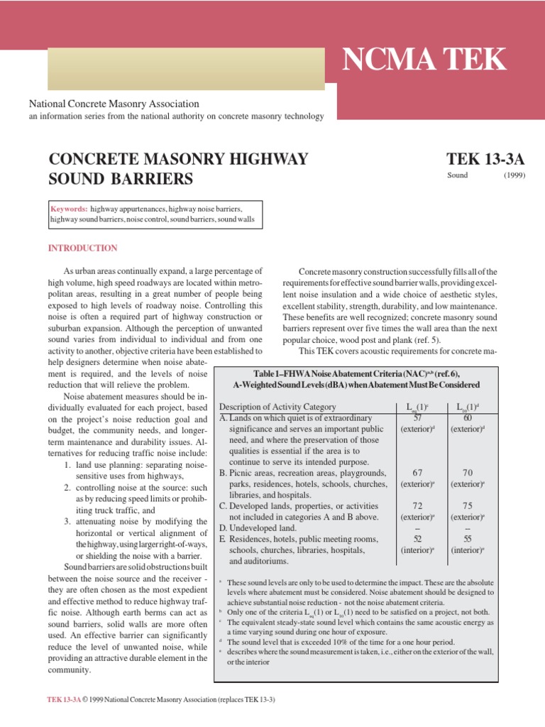 Ncma Tek: Concrete Masonry Highway Sound Barriers TEK 13-3A | PDF ...