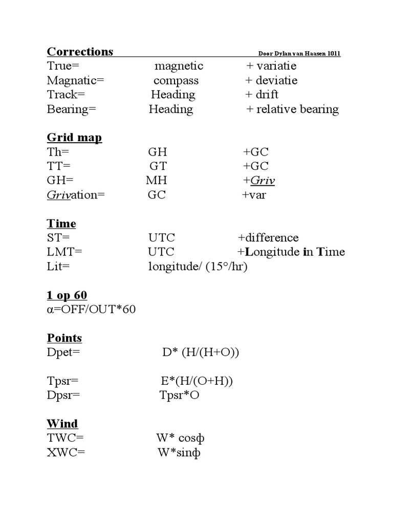 Formula Sheet General Navigation (Gnav) | PDF