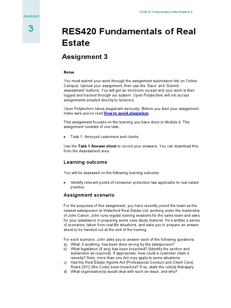 RES420 Fundamentals of Real Estate: Assignment 3 | PDF | Real Estate ...