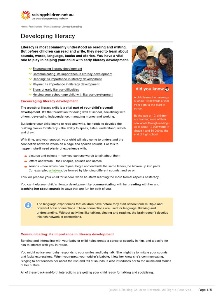 Early Literacy Development Tips | PDF | Literacy | Syllable