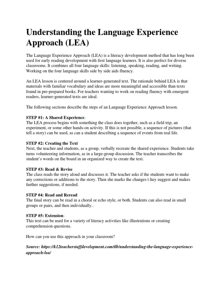 An Introduction to the Language Experience Approach: A Method for ...