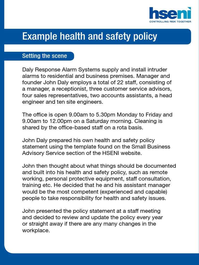 Example Health and Safety Policy: Setting The Scene | PDF ...